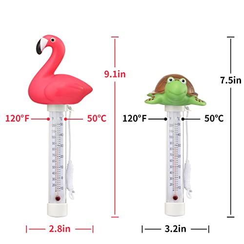 2 Packs Floating Pool Thermometer, Flamingo & Turtle Design Large Size Easy Accurate Readings for Water Temperature, Shatter Resistant with String for Outdoor & Indoor Swimming Pools & Spas