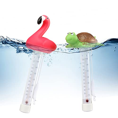 2 Packs Floating Pool Thermometer, Flamingo & Turtle Design Large Size Easy Accurate Readings for Water Temperature, Shatter Resistant with String for Outdoor & Indoor Swimming Pools & Spas