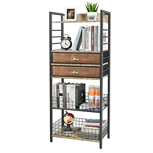 Yuyetuyo Bookshelf Industrial Retro Wood Bookcase with 2 Drawers and Wire Baskets, 4 Tier Free Standing Book Storage Shelf Display Rack for Living Room Bedroom Office, Rustic Brown