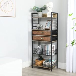 Yuyetuyo Bookshelf Industrial Retro Wood Bookcase with 2 Drawers and Wire Baskets, 4 Tier Free Standing Book Storage Shelf Display Rack for Living Room Bedroom Office, Rustic Brown