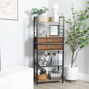 Yuyetuyo Bookshelf Industrial Retro Wood Bookcase with 2 Drawers and Wire Baskets, 4 Tier Free Standing Book Storage Shelf Display Rack for Living Room Bedroom Office, Rustic Brown