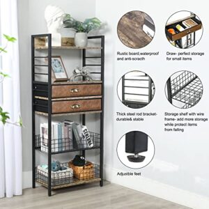 Yuyetuyo Bookshelf Industrial Retro Wood Bookcase with 2 Drawers and Wire Baskets, 4 Tier Free Standing Book Storage Shelf Display Rack for Living Room Bedroom Office, Rustic Brown