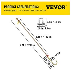 VEVOR J Hook Chain, 5/16 in x 6 ft Tow Chain Bridle, Grade 80 J Hook Transport Chain, 9260 Lbs Break Strength with JT Hook & Grab Hook, Tow Hooks for Trucks, Heavy Duty J Hook and Chain Shorteners