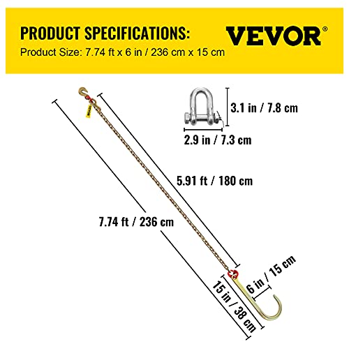 VEVOR J Hook Chain, 5/16 in x 6 ft Tow Chain Bridle, Grade 80 J Hook Transport Chain, 9260 Lbs Break Strength with JT Hook & Grab Hook, Tow Hooks for Trucks, Heavy Duty J Hook and Chain Shorteners