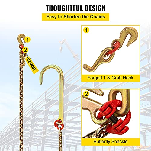 VEVOR J Hook Chain, 5/16 in x 6 ft Tow Chain Bridle, Grade 80 J Hook Transport Chain, 9260 Lbs Break Strength with JT Hook & Grab Hook, Tow Hooks for Trucks, Heavy Duty J Hook and Chain Shorteners