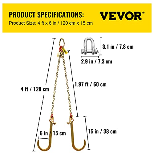 VEVOR V Bridle Chain, 5/16 in x 2 ft Bridle Tow Chain, Grade 80 V-Bridle Transport Chain, 9260 Lbs Break Strength with TJ Hooks and Crab Hooks, Heavy Duty Pear Link Connector and Chain Shorteners