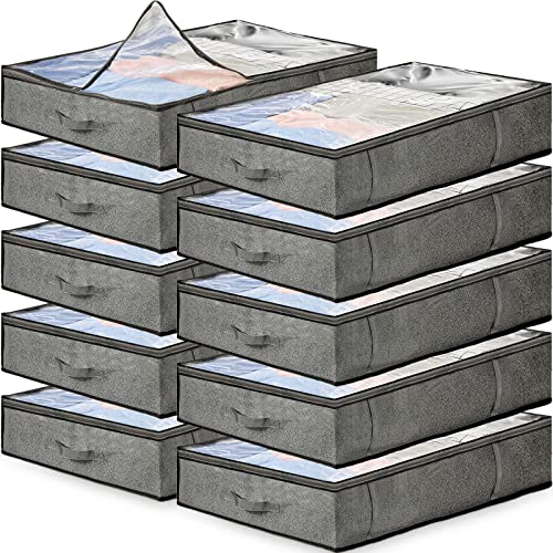 10 Pcs 100L Under Bed Storage Containers, Large Capacity Toy Christmas Wrapping Paper Organizers Underbed Bags, Bedroom Clothes Shoe Closet Foldable Blankets Comforters Bins with Clear Window Handles