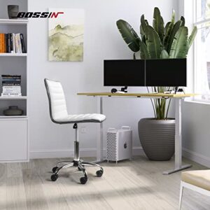 BOSSIN Adjustable Home Office Chair, Mid-Back Armless Ribbed Swivel Task Chair,Vanity Chair for Small Space, Living Room, Make-up, Studying (White)