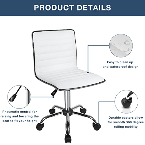 BOSSIN Adjustable Home Office Chair, Mid-Back Armless Ribbed Swivel Task Chair,Vanity Chair for Small Space, Living Room, Make-up, Studying (White)