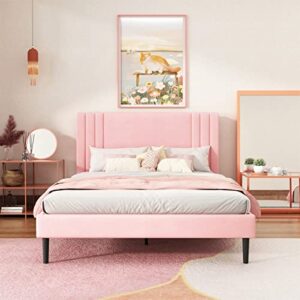 daznzn full size bed frame with headboard, velvet upholstered platform bed with strong wood slats support, no box spring needed, strong weight capacity, noise free, easy assembly, pink