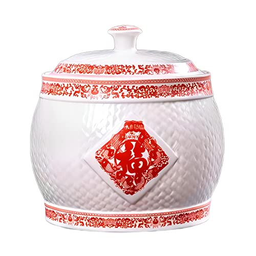 Food Dispenser Retro Ceramic Rice Bucket Cereal Storage Container Chinese Porcelain Grain Dispenser Suitable for Flour, Sugar, Coffee, Rice, Nuts, Snacks, Pet Food, Tea