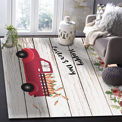 3x5ft Large Area Rugs for Living Room, Happy Easter Car Collection Area Runner Rugs Non Slip Bedroom Carpets Hallways Rug, Outdoor Indoor Nursery Rugs Décor Carrot Bunny Flora Wood