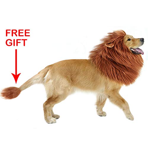 NEWBEA Lion Mane for Dog Costume, Realistic Funny Lion Wig for Medium to Large Sized Dogs, Halloween Fancy Dog Lion Mane (Dark Brown with Ear Tail)