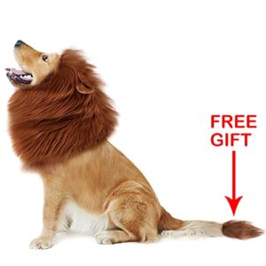 NEWBEA Lion Mane for Dog Costume, Realistic Funny Lion Wig for Medium to Large Sized Dogs, Halloween Fancy Dog Lion Mane (Dark Brown with Ear Tail)