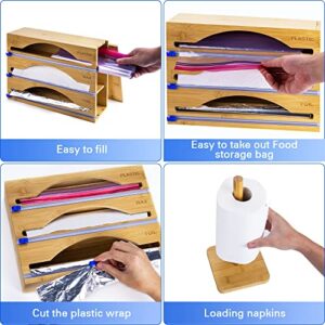 Plastic Wrap Dispenser with Cutter and Paper Towel Holder, 3 in 1 Wax Paper Foil and Plastic Wrap Organizer for Kitchen Drawer, Magnetic Bamboo Wood Parchment Paper Holder for 12” Rolls