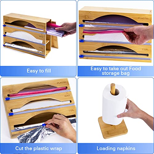 Plastic Wrap Dispenser with Cutter and Paper Towel Holder, 3 in 1 Wax Paper Foil and Plastic Wrap Organizer for Kitchen Drawer, Magnetic Bamboo Wood Parchment Paper Holder for 12” Rolls