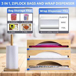 Plastic Wrap Dispenser with Cutter and Paper Towel Holder, 3 in 1 Wax Paper Foil and Plastic Wrap Organizer for Kitchen Drawer, Magnetic Bamboo Wood Parchment Paper Holder for 12” Rolls