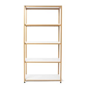 m&p materials gold bookshelf - gold shelves, 5-tier modern bookshelf, elegant storage display shelves for home furniture, gold sturdy metal frame, vintage industrial style