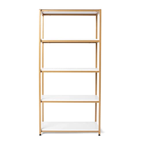 M&P Materials Gold Bookshelf - Gold Shelves, 5-Tier Modern Bookshelf, Elegant Storage Display Shelves for Home Furniture, Gold Sturdy Metal Frame, Vintage Industrial Style