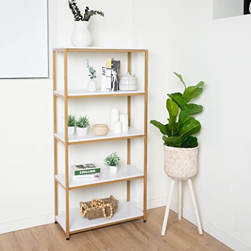 M&P Materials Gold Bookshelf - Gold Shelves, 5-Tier Modern Bookshelf, Elegant Storage Display Shelves for Home Furniture, Gold Sturdy Metal Frame, Vintage Industrial Style