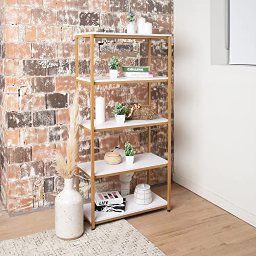 M&P Materials Gold Bookshelf - Gold Shelves, 5-Tier Modern Bookshelf, Elegant Storage Display Shelves for Home Furniture, Gold Sturdy Metal Frame, Vintage Industrial Style