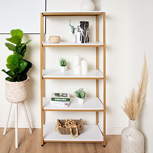 M&P Materials Gold Bookshelf - Gold Shelves, 5-Tier Modern Bookshelf, Elegant Storage Display Shelves for Home Furniture, Gold Sturdy Metal Frame, Vintage Industrial Style