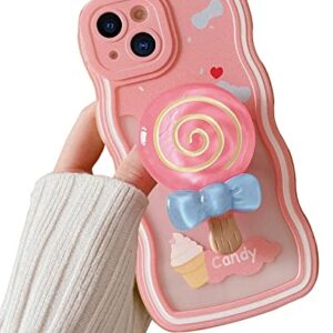 KUMTZO Compatible with iPhone 13 Case, Cute Cream Print Clear Soft TPU Case with Candy Ring Kickstand Camera Protection Shockproof Cover for Women Girls with iPhone 13 6.1 inch (Pink)