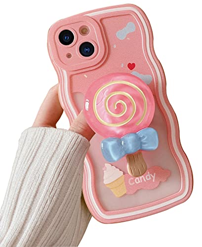 KUMTZO Compatible with iPhone 13 Case, Cute Cream Print Clear Soft TPU Case with Candy Ring Kickstand Camera Protection Shockproof Cover for Women Girls with iPhone 13 6.1 inch (Pink)