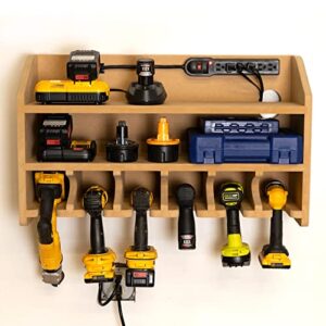 TrunkWorks Heavy Duty 6 Bay Cordless Drill Wall Mount Organizer Shelf Storage & Battery Charging Station - Gifts for Dad/Men