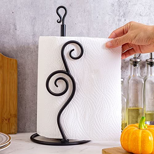 MyGift Matte Black Metal Paper Towel Holder Countertop Standing Paper Towel Roll Dispenser for Kitchen Bathroom with Vintage Scrollwork Design