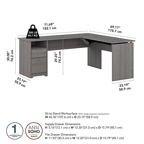 Bush Furniture L Shaped Desk with Drawers and Lift-n-Lock | Cabot Collection Sit to Stand Corner Table with Storage, 72W, Modern Gray