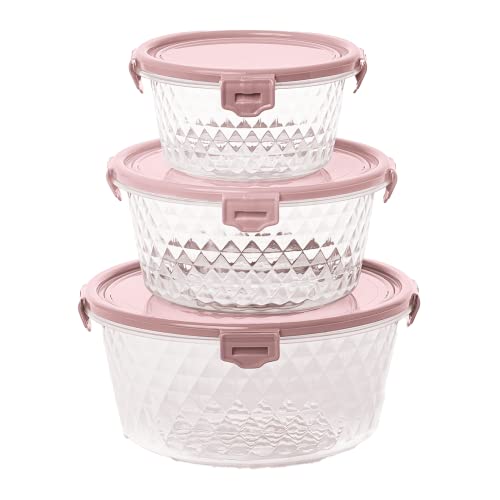 Plasvale Food Storage Plastic Containers Set of Crystal Line - 6 Pieces - Microwave, Freezer and Dishwasher Safe - BPA Free (Rose)