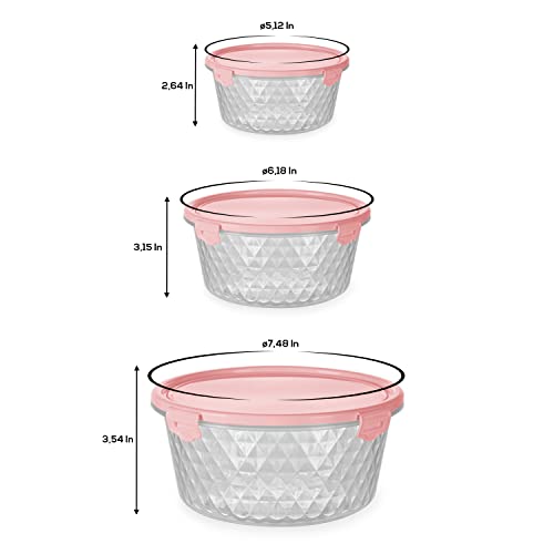 Plasvale Food Storage Plastic Containers Set of Crystal Line - 6 Pieces - Microwave, Freezer and Dishwasher Safe - BPA Free (Rose)