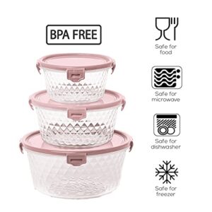 Plasvale Food Storage Plastic Containers Set of Crystal Line - 6 Pieces - Microwave, Freezer and Dishwasher Safe - BPA Free (Rose)