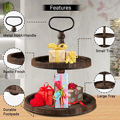 Wooden 2 Tiered Tray ––Elegant Seasonal Decor for Home - Round Serving Tray Tier for Dessert, Coffee Cups, and Garden Essentials –Brown