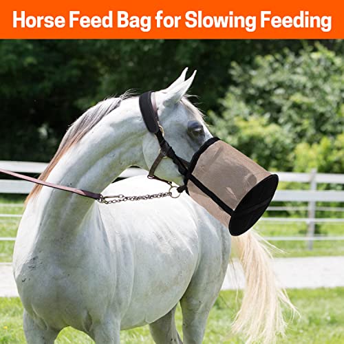 ZELARMAN Horse Feed Bag, Durable Feed Rite Bag, Heavy Duty Mesh Bag for Horses. Grain Feed Bag with Adjustable Stretchy Headstall Strap