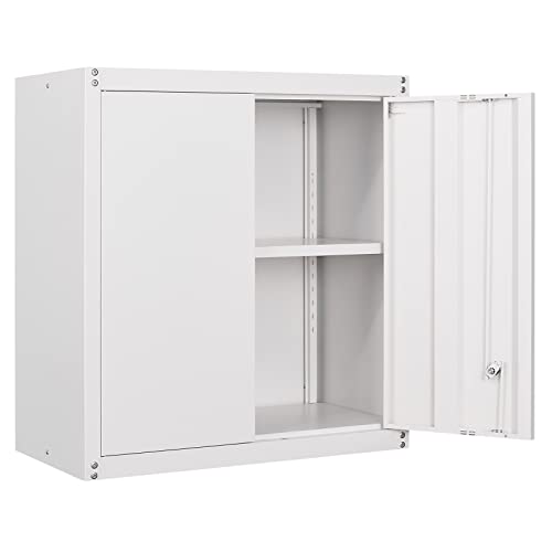 GREATMEET Metal Storage Cabinet with Lock and Doors,Steel Garage Wall Storage Cabinet,Garage Upper Cabinet,Wall Mounted Metal Cabinet for Garage, White