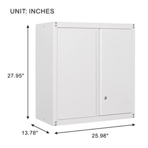 GREATMEET Metal Storage Cabinet with Lock and Doors,Steel Garage Wall Storage Cabinet,Garage Upper Cabinet,Wall Mounted Metal Cabinet for Garage, White