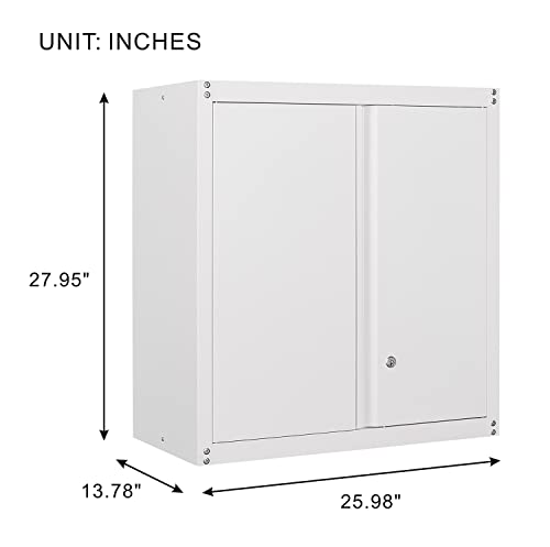 GREATMEET Metal Storage Cabinet with Lock and Doors,Steel Garage Wall Storage Cabinet,Garage Upper Cabinet,Wall Mounted Metal Cabinet for Garage, White