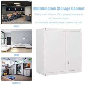 GREATMEET Metal Storage Cabinet with Lock and Doors,Steel Garage Wall Storage Cabinet,Garage Upper Cabinet,Wall Mounted Metal Cabinet for Garage, White