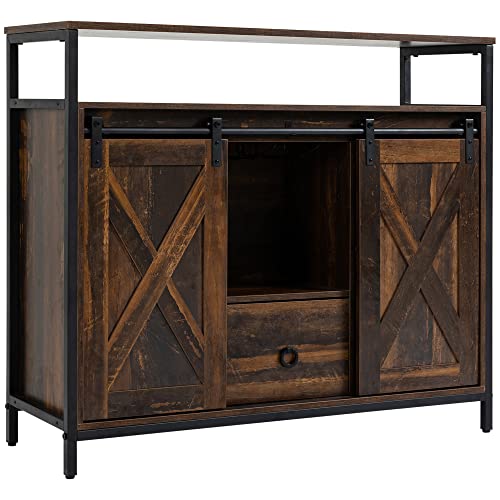 HOMCOM Industrial Sideboard Buffet Cabinet, Kitchen Cabinet with Sliding Barn Doors, Coffee Bar Cabinet with Stemware Racks, Drawer and Adjustable Shelves for Living Room, Home Bar, Rustic Brown