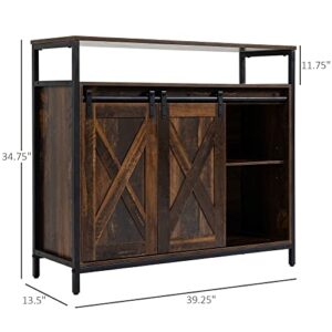 HOMCOM Industrial Sideboard Buffet Cabinet, Kitchen Cabinet with Sliding Barn Doors, Coffee Bar Cabinet with Stemware Racks, Drawer and Adjustable Shelves for Living Room, Home Bar, Rustic Brown