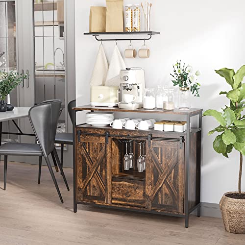 HOMCOM Industrial Sideboard Buffet Cabinet, Kitchen Cabinet with Sliding Barn Doors, Coffee Bar Cabinet with Stemware Racks, Drawer and Adjustable Shelves for Living Room, Home Bar, Rustic Brown