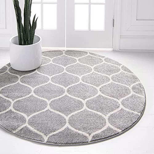 Rugs.com Lattice Frieze Collection Rug – 3' Round Light Gray Medium Rug Perfect for Kitchens, Dining Rooms