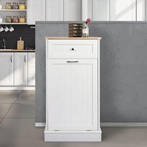 tolead tilt out trash cabinet,antique-style beadboard kitchen island with solid wood tabletop & drawer, pet proof trash can, wood laundry cabinet (white)