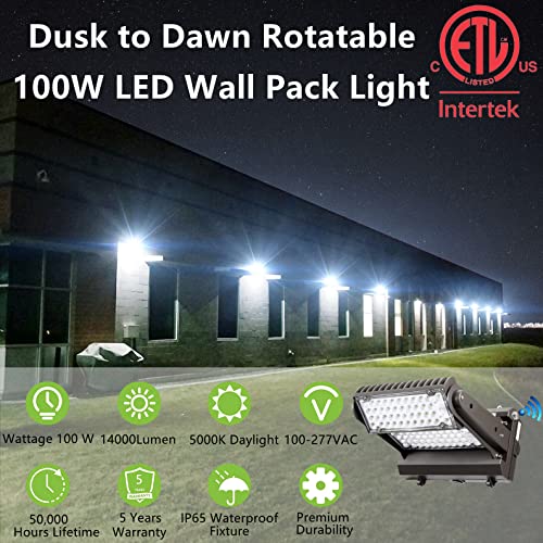 Rotatable LED Wall Pack Light with Dusk to Dawn Photocell, 100W 13000LM 600-800W HPS/HID Equiv., 5000K Daylight ETL Commercial Outdoor Security Lighting for Warehouse, Entrance, Parking, Garage