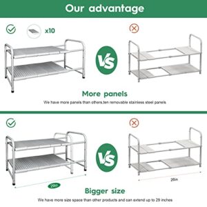 MULISOFT 2-Tier 10 Panels Under Sink Organizer Kitchen Rack Expandable Cabinet Shelf Organizer Rack with Removable Panels for Kitchen Bathroom Storage (expand from 17 to 29 inches) Stainless Steel