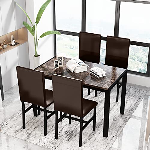 AWQM Dining Table Set for 4, Modern Kitchen Table and Chairs for 4, Faux Marble Table and 4 Upholstered Chairs with Metal Frame, Ideal for Breakfast Nook, Dining Room, Kitchen- Brown