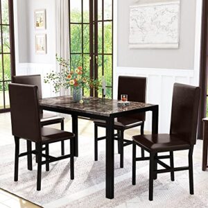 AWQM Dining Table Set for 4, Modern Kitchen Table and Chairs for 4, Faux Marble Table and 4 Upholstered Chairs with Metal Frame, Ideal for Breakfast Nook, Dining Room, Kitchen- Brown