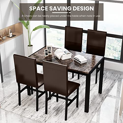 AWQM Dining Table Set for 4, Modern Kitchen Table and Chairs for 4, Faux Marble Table and 4 Upholstered Chairs with Metal Frame, Ideal for Breakfast Nook, Dining Room, Kitchen- Brown